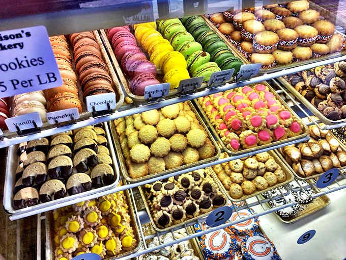 A cookie selection featuring colorful macarons and classic favorites, proving this bakery can handle both French sophistication and American comfort with equal skill.