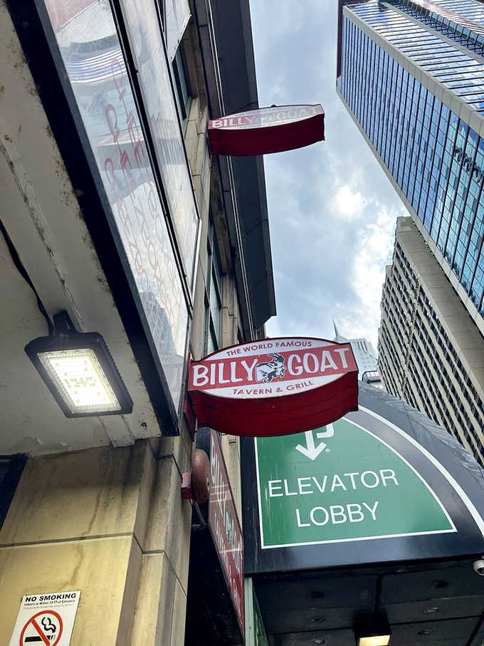 Look up and spot the Billy Goat sign &ndash; a beacon of burger brilliance amid Chicago's towering skyscrapers and architectural wonders.