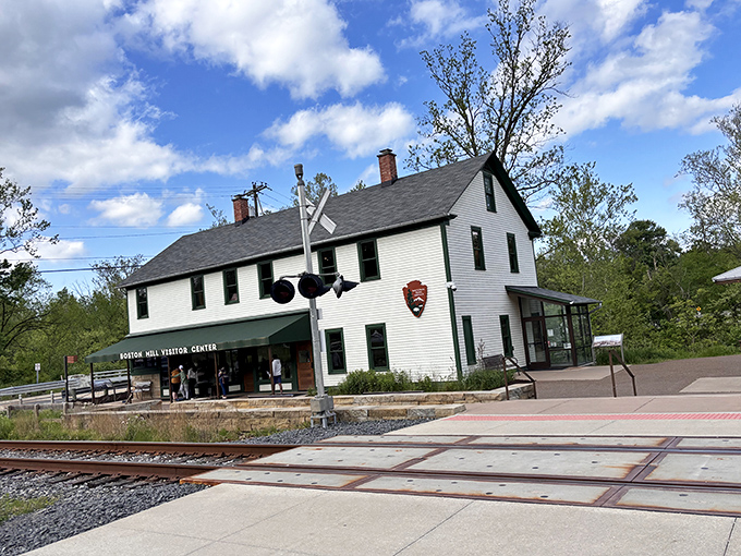 The Boston Mill Visitor Center welcomes explorers to Cuyahoga Valley National Park with historical context and trail recommendations.