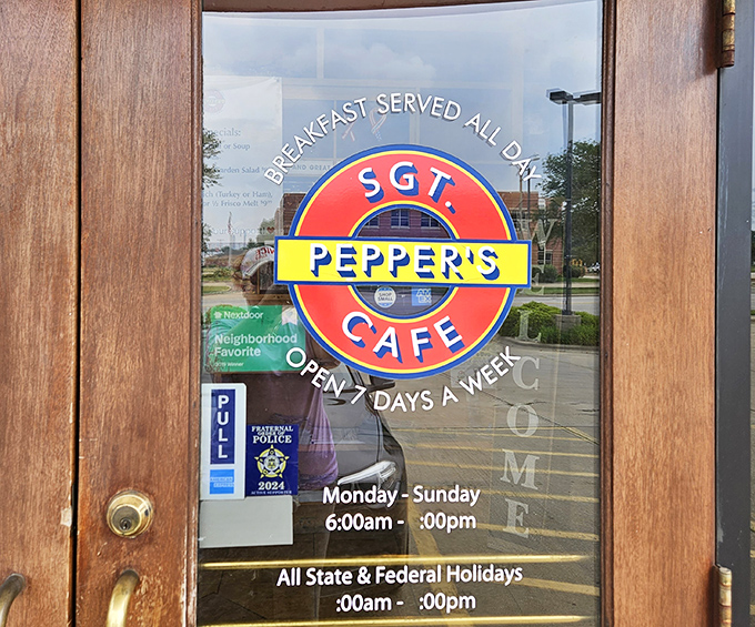 The welcoming entrance promises "Breakfast Served All Day" &ndash; seven days a week &ndash; because good food, like good music, shouldn't be limited by the clock.