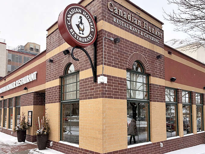 Even in winter, the Canadian Honker's exterior promises warmth and satisfaction inside &ndash; a snow-dusted haven of heartland hospitality.