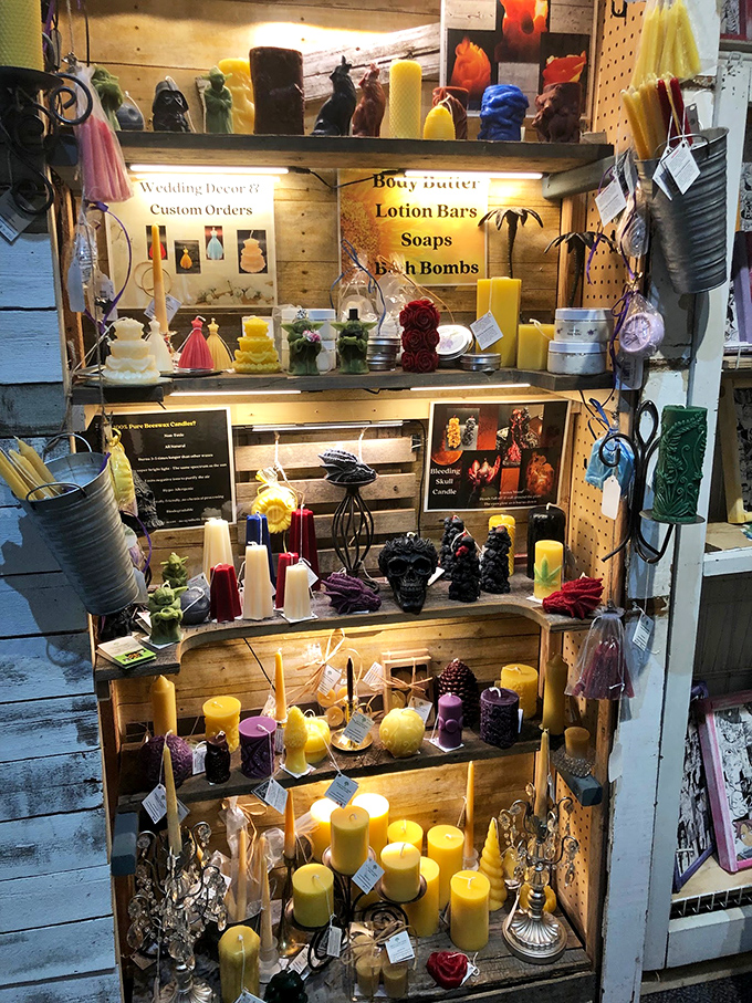 Handcrafted candles and soaps create a sensory corner – artisanal creations nestled among vintage holders, blending old-world craftsmanship with modern makers' touch.