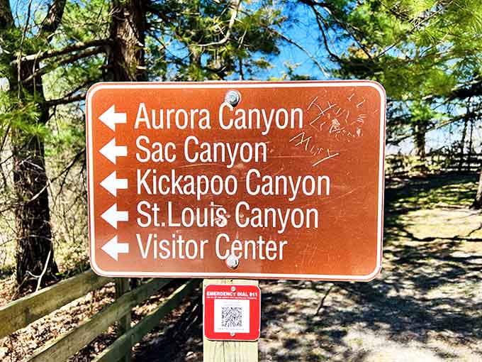 The directional sign points toward multiple canyons, each promising its own adventure for those willing to wander further.