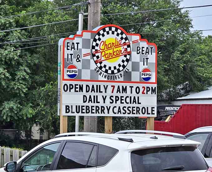 Iconic signage: The famous Charlie Parker's sign promises daily specials and pancakes so legendary they've put Springfield on the culinary map.