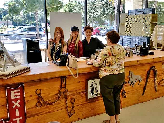The friendly checkout counter where treasure hunters complete their conquests and vendors share one last story about your newfound prize.
