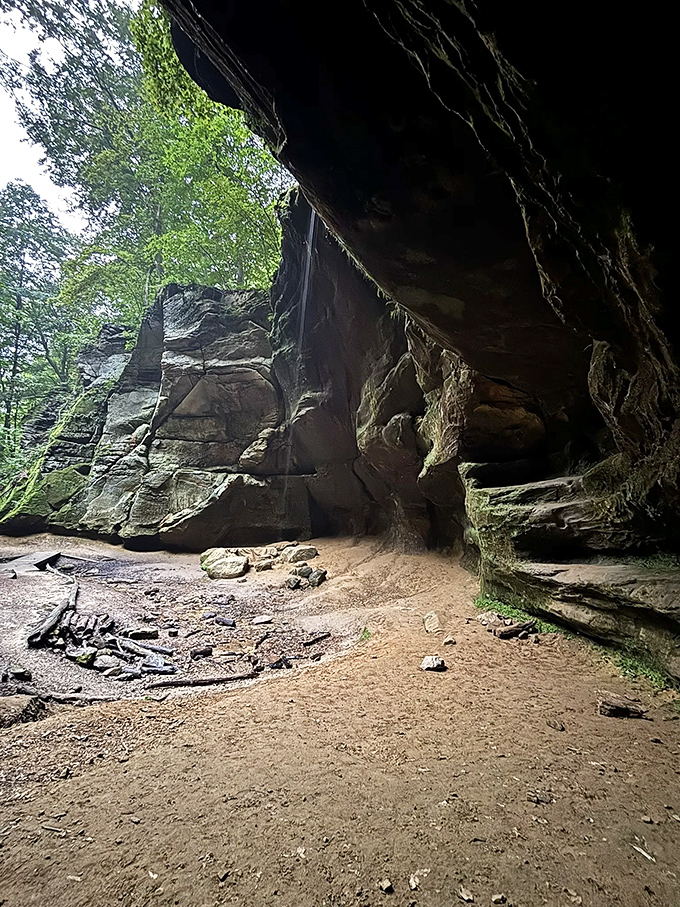 The sheltered alcove creates a natural echo chamber where the sounds of falling water amplify into nature's own surround sound system.