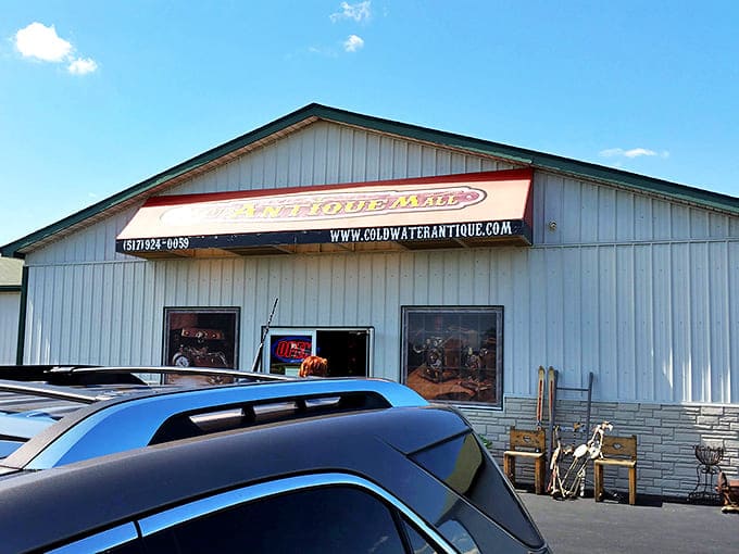Bright blue skies frame this antique hunter's paradise. The modest exterior gives no hint of the thousands of treasures waiting inside.