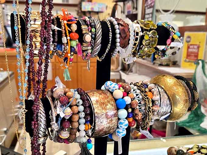 Jewelry displays showcase everything from statement pieces to subtle accessories, proving that second-hand sparkle shines just as brightly as new.