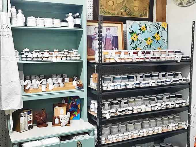 Tiny jars of possibilities line these shelves &ndash; craft supplies from when "DIY" wasn't a trend but a necessity.