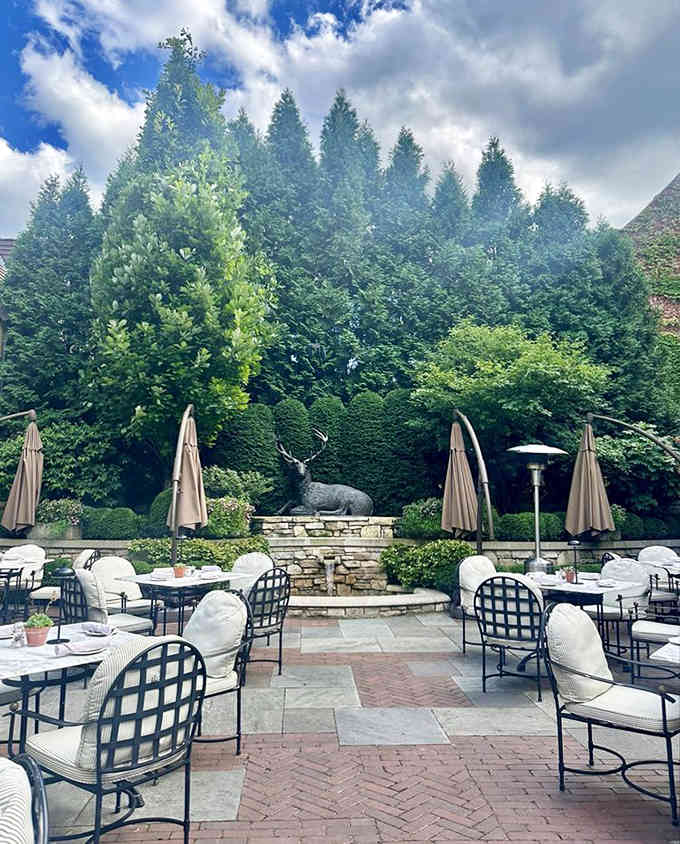Al fresco dining reaches new heights in garden surroundings where even the resident deer statue seems to approve of your menu choices.