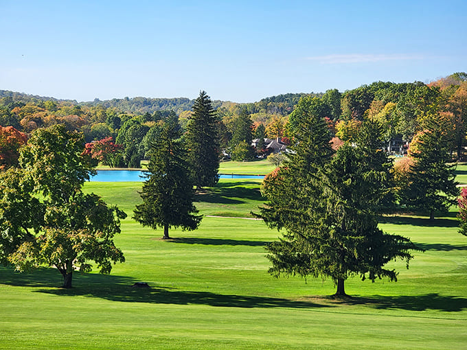 Rolling greens meet autumn's palette in this picturesque course where every swing comes with a side of scenery.