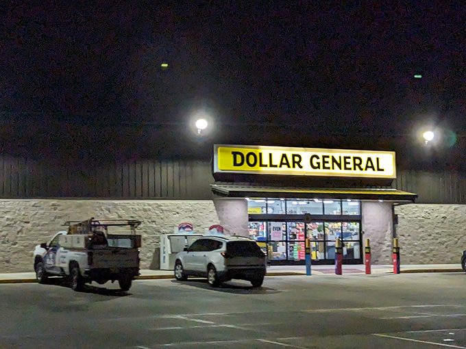 Even the Dollar General gets a touch of small-town charm after dark, when its lights beckon like a beacon for late-night snack emergencies.
