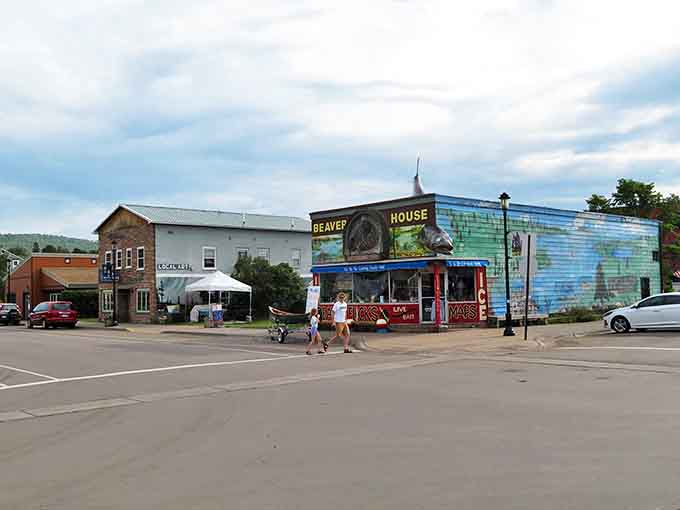 Downtown Grand Marais balances quirky shops with natural beauty, where the Beaver House's colorful exterior exemplifies the town's unique character against Minnesota skies.
