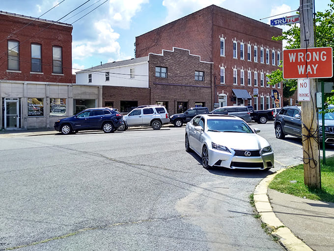 Even the "Wrong Way" sign seems charming in Metropolis, where getting slightly lost might lead to discovering the town's hidden gems.