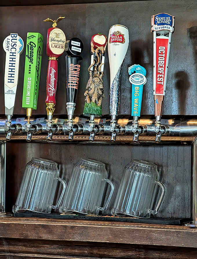Craft beer taps stand like exclamation points at the bar, from Busch Light to Samuel Adams, each telling its own distinct flavor story.