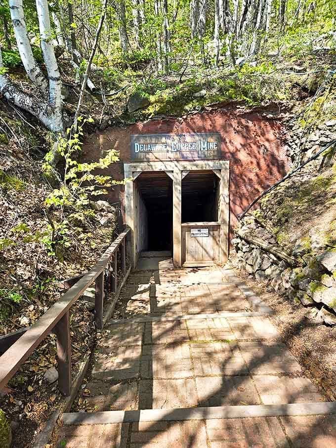 The mine entrance beckons adventure-seekers into the earth, promising a journey through Michigan's industrial heritage.