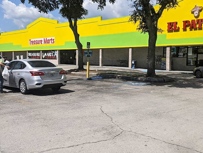 The exterior shot shows Treasure Marts nestled in its strip mall home, ready and waiting to transform your ordinary day into an extraordinary treasure hunt.