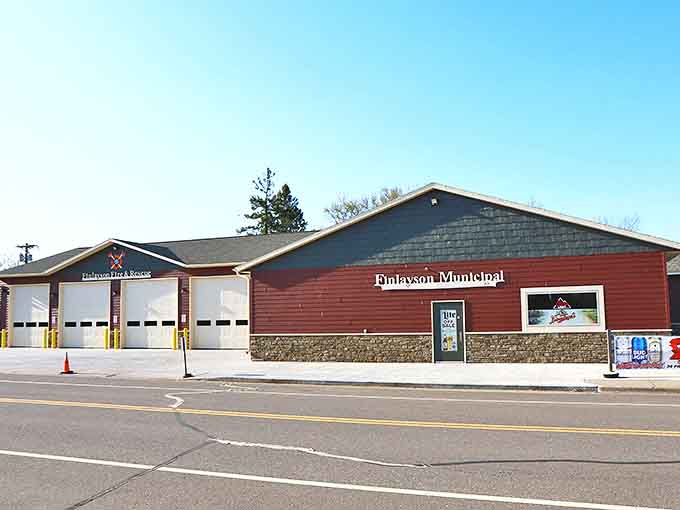 Finlayson Municipal buildings stand ready to serve, their practical architecture reflecting the no-nonsense approach of Minnesota's small-town governance.