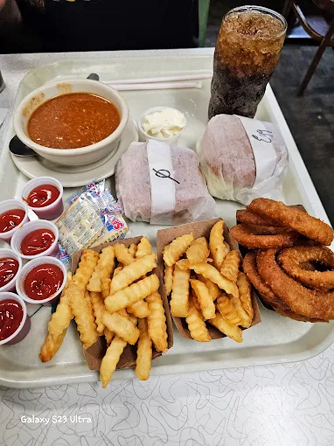 Foods in the Tray: The ultimate diner spread &ndash; crispy fries, golden onion rings, hearty soup, and wrapped sandwiches waiting to make your day significantly better.
