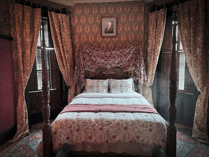Another bedroom showcases the castle's flair for dramatic design, where sleeping becomes an experience rather than just a biological necessity.
