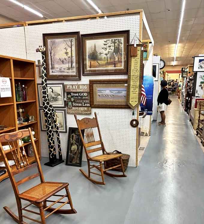 Rocking chairs and framed artwork create vignettes of nostalgia throughout the mall. These aren't just items for sale – they're stage sets for imagining lives once lived.