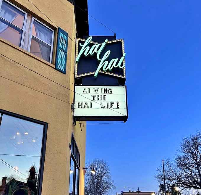 "Living the Hai Life" indeed &ndash; the restaurant's vintage-style neon sign glows against the Minneapolis sky, beckoning food adventurers inside.