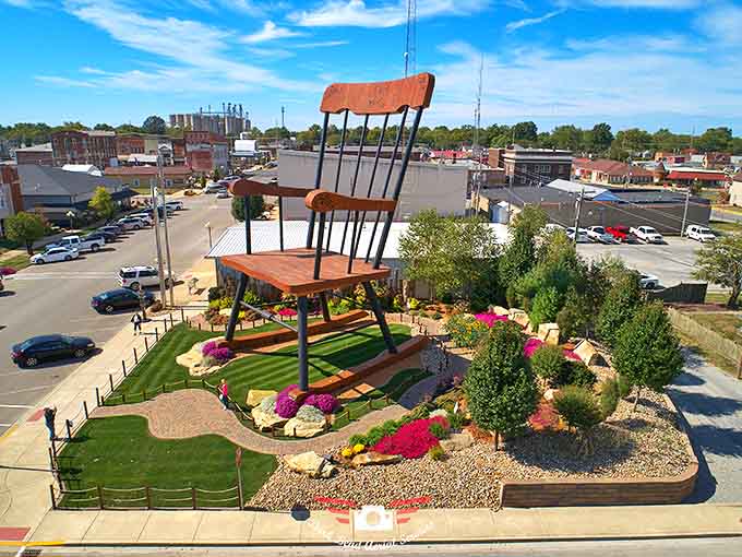 The aerial perspective reveals how the chair dominates its surroundings, a giant among the normal-sized buildings of downtown Casey.