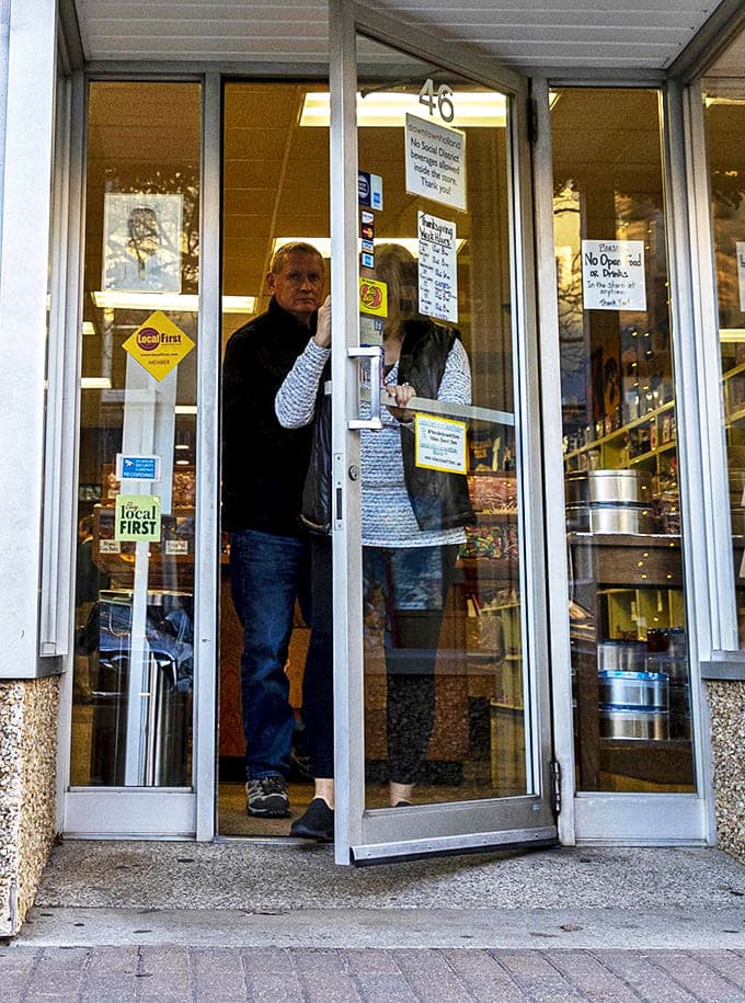 The moment of sweet anticipation &ndash; customers eagerly entering the doorway to Michigan's temple of handcrafted confectionery delights.
