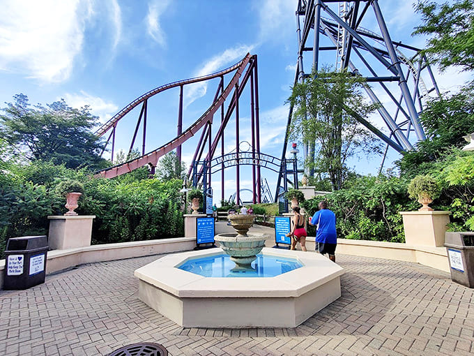 Hurricane Harbor Entrance Plaza: The gateway to summer joy, where anticipation builds with every step toward the splashing sounds beyond.