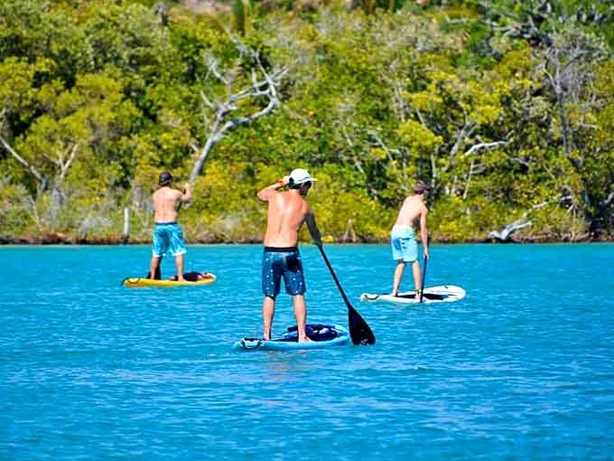 Paddleboarders glide across electric blue waters, finding balance on boards and in life on Casey Key.