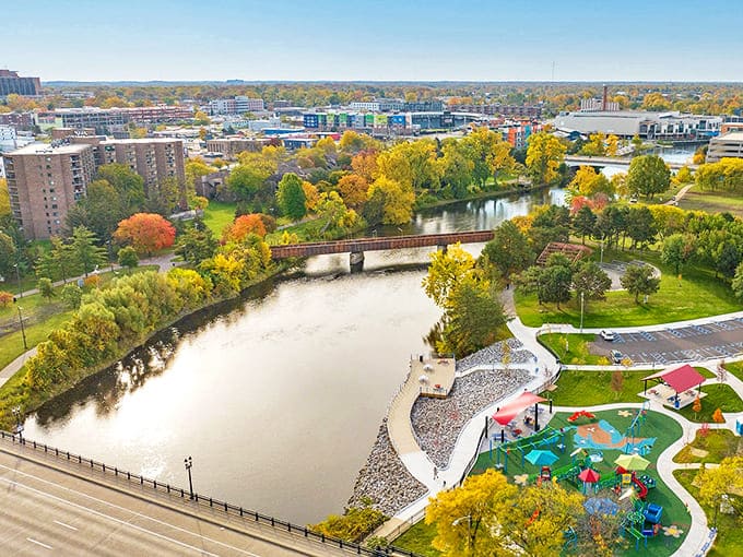 From above, Lansing's riverfront reveals its perfect blend of natural curves and human ingenuity, with the river trail connecting it all.