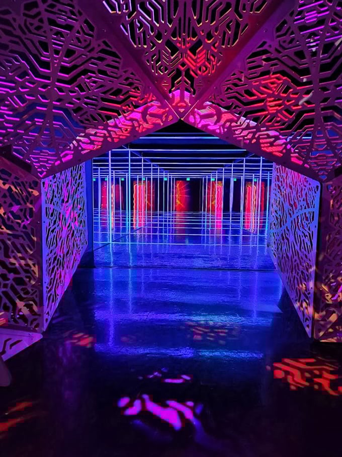 Geometric precision meets psychedelic lighting in this tunnel of perception &ndash; where mathematics and art become one.