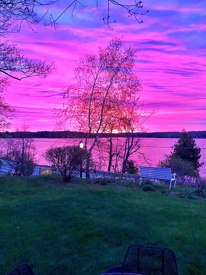 Nature's most extravagant light show transforms Leland's evening sky into a painter's dream of violet and magenta.