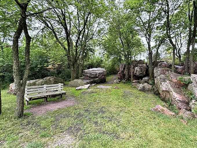 Nature's perfect waiting room: this bench invites weary hikers to sit a spell and contemplate a billion years of geological patience.