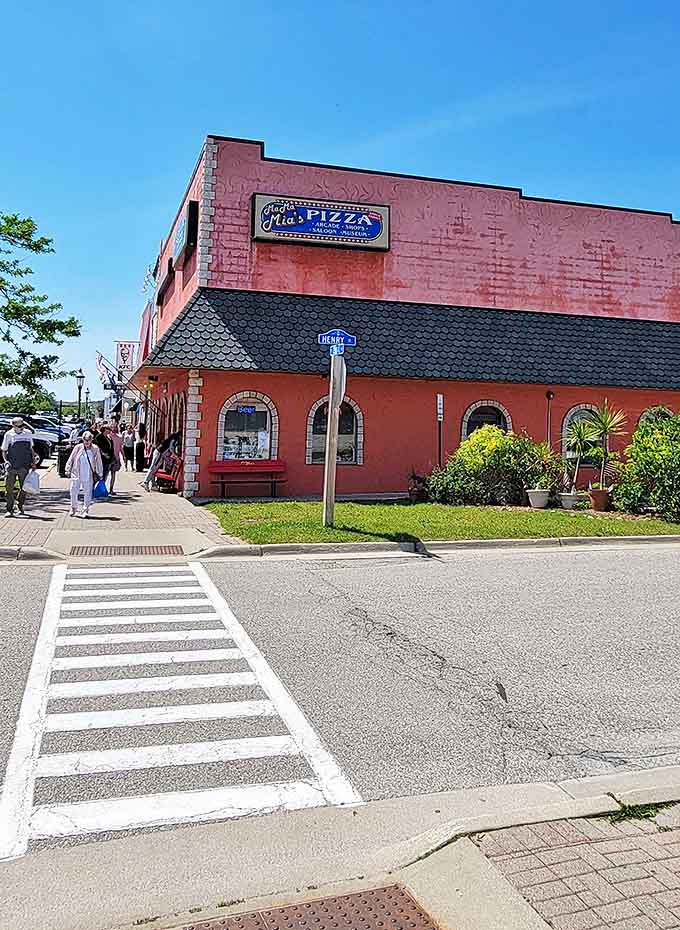 Mackinaw City's most unique dining destination stands proudly on the corner, its distinctive architecture inviting passersby to discover what waits inside.
