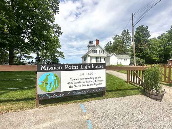 The welcome sign reminds visitors they're standing at a geographical milestone &ndash; exactly halfway between the North Pole and the Equator.