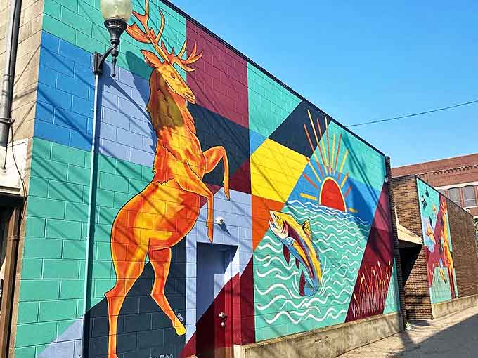 Vibrant murals bring Harrisville's natural splendor to downtown walls, celebrating the wildlife and landscapes that define this Lake Huron community.