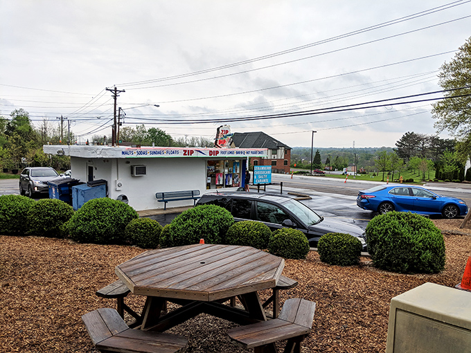 Simple wooden picnic tables where countless memories have been made over cones, sundaes, and the occasional dropped sprinkle.