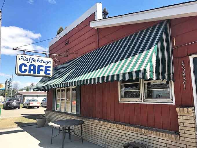 The striped awning and red exterior make Kaffe Stuga instantly recognizable &ndash; a splash of Scandinavian charm along Minnesota's Highway 61.