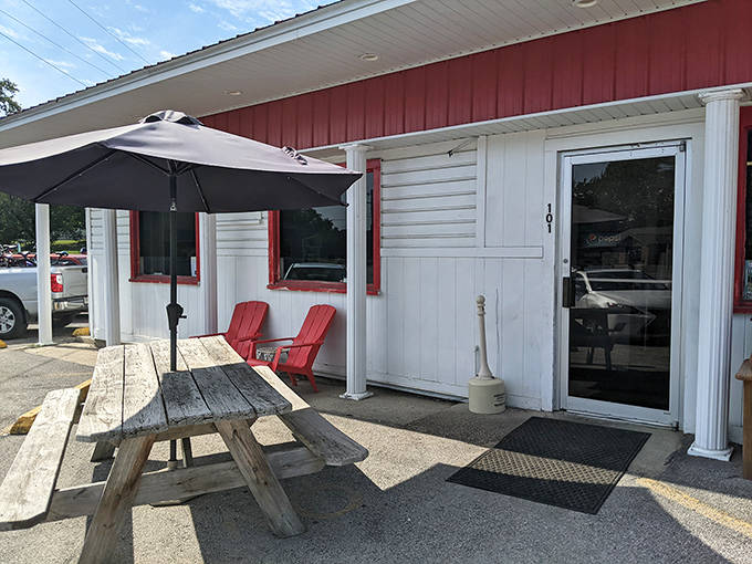 Additional outdoor seating behind the main building offers a quieter spot to savor your treats away from the summer crowds.