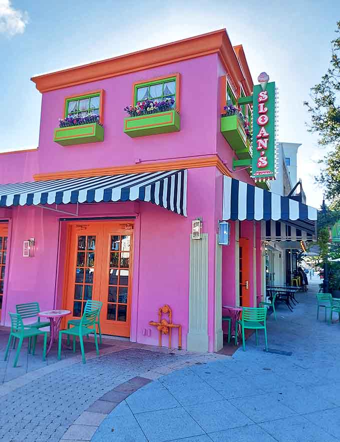 The vibrant exterior beckons passersby to pause their day for a moment of sweet contemplation.