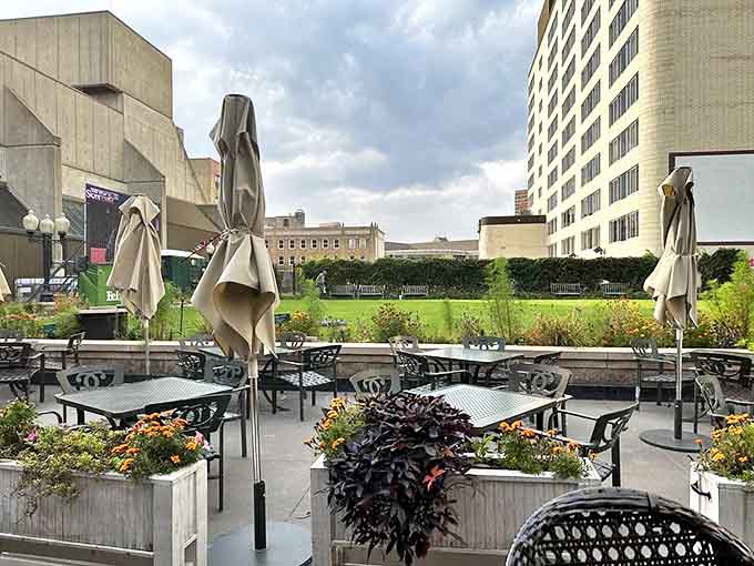 From this peaceful patio perspective, you'd never guess you're in downtown Minneapolis &ndash; until you glimpse the skyline framing your pint.