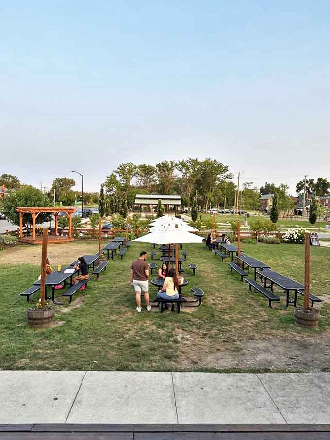 Garden seating offers a peaceful outdoor sanctuary where disciples of good coffee can commune with nature under Michigan's summer skies.