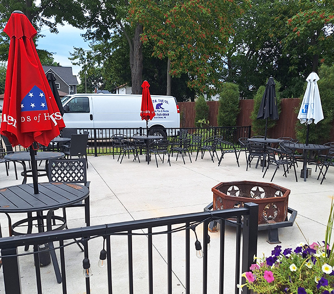 The outdoor patio offers fresh air dining under colorful umbrellas &ndash; a perfect spot for summer evenings and people-watching.