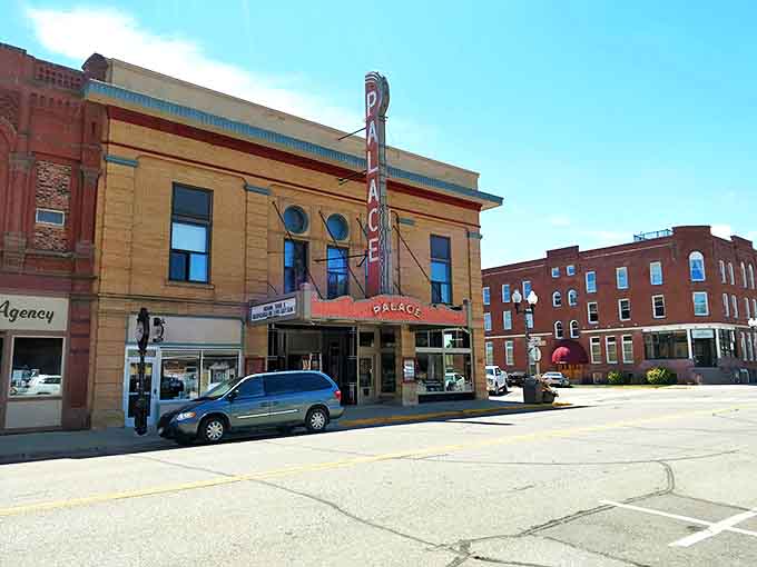 The Palace Theatre's vertical sign has been a Luverne landmark for generations, still lighting up the downtown skyline.