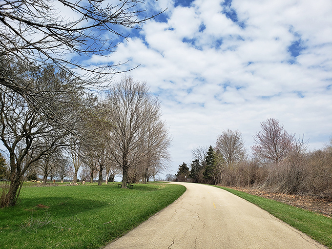The winding path invites visitors deeper into Illinois' heartland, where each curve promises new discoveries just around the bend.