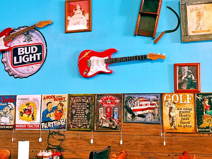 Guitars, vintage signs, and playful characters create a visual feast that's almost as satisfying as the edible one on your plate.