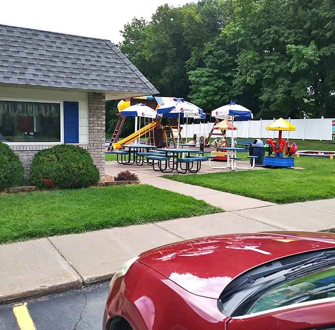 Where kids burn off milkshake energy while parents enjoy a moment of peace &ndash; Happy's outdoor space doubles as a community gathering spot.