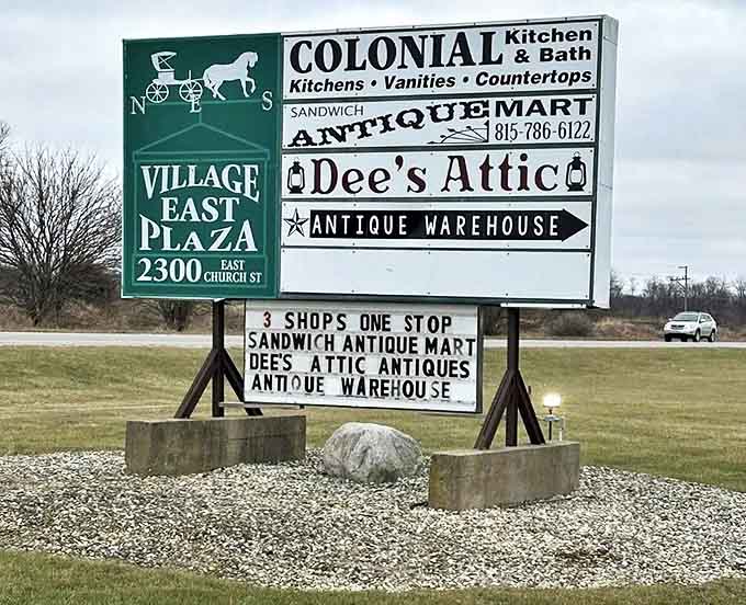 The roadside sign promises "3 SHOPS ONE STOP" – a beacon for treasure hunters and a promise of discoveries waiting just off the highway.