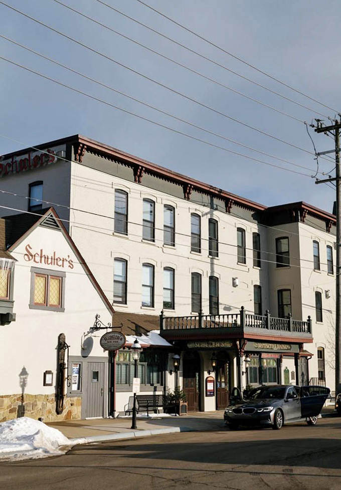 Schuler's exterior view showcases the historic building that houses countless stories and has witnessed generations of Michigan celebrations.